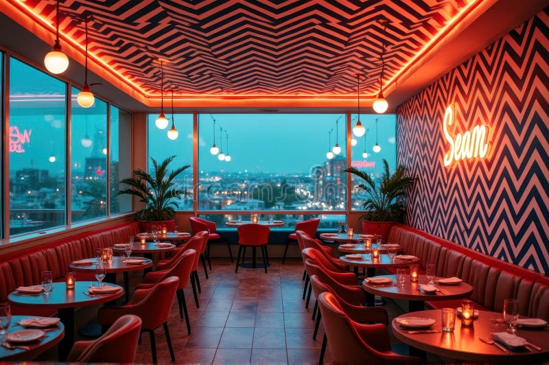 Modern Rooftop Restaurant with Chevron Pattern Walls and Neon Lights at ...