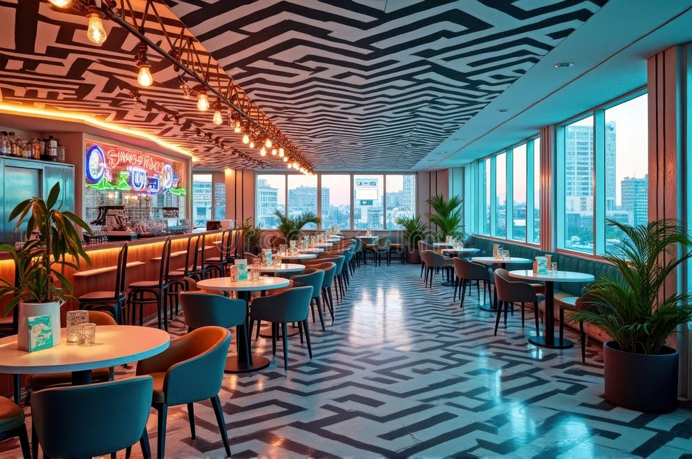 Modern Rooftop Restaurant with Neon Lights and Scenic City View Stock ...