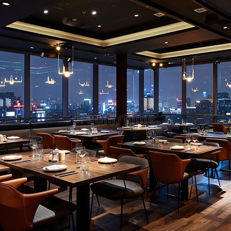 Modern Rooftop Restaurant with Panoramic City Skyline Views and Elegant ...