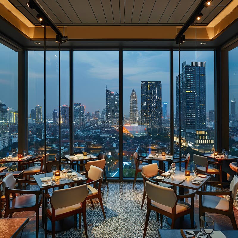 Modern Rooftop Restaurant with Panoramic City Skyline Views and Elegant ...