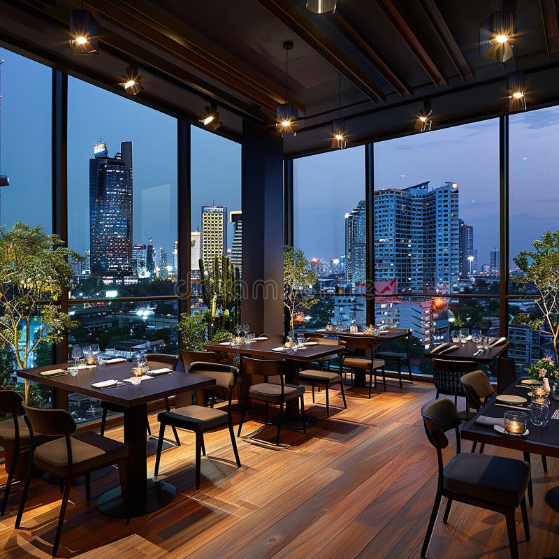 Modern Rooftop Restaurant with Panoramic City Skyline Views and Elegant ...