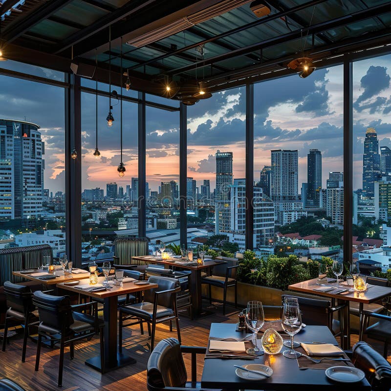 Modern Rooftop Restaurant with Panoramic City Skyline Views and Elegant ...