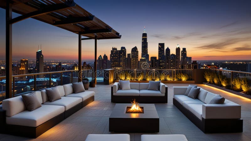 A Modern Rooftop Setting with Plush Gray and White Seating, a Fire Pit ...