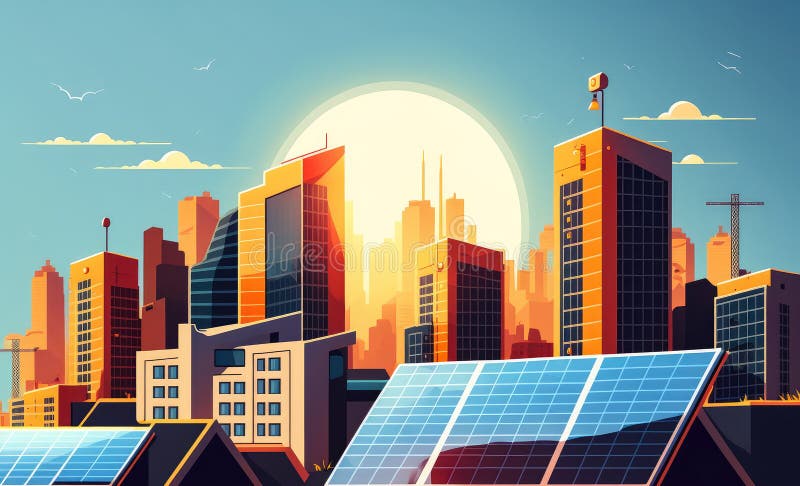 Modern Rooftop Solar Panel Installation with a City Skyline in the ...