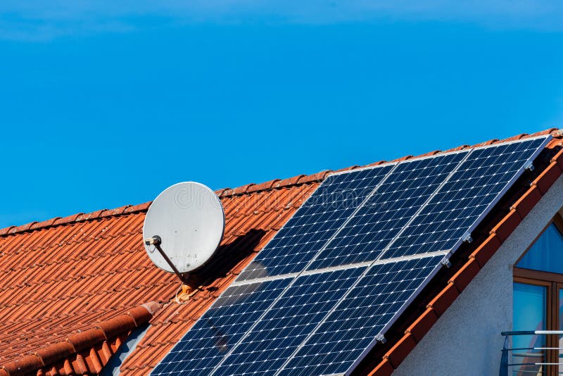 Modern Rooftop with Solar Panels and Satellite Dish in Bright Sunlight ...