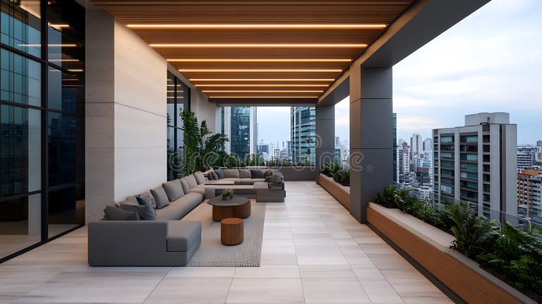 Modern Rooftop Terrace with City View at Twilight Stock Illustration ...
