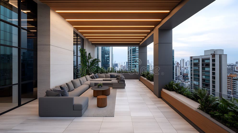 Modern Rooftop Terrace with City View at Twilight Stock Illustration ...