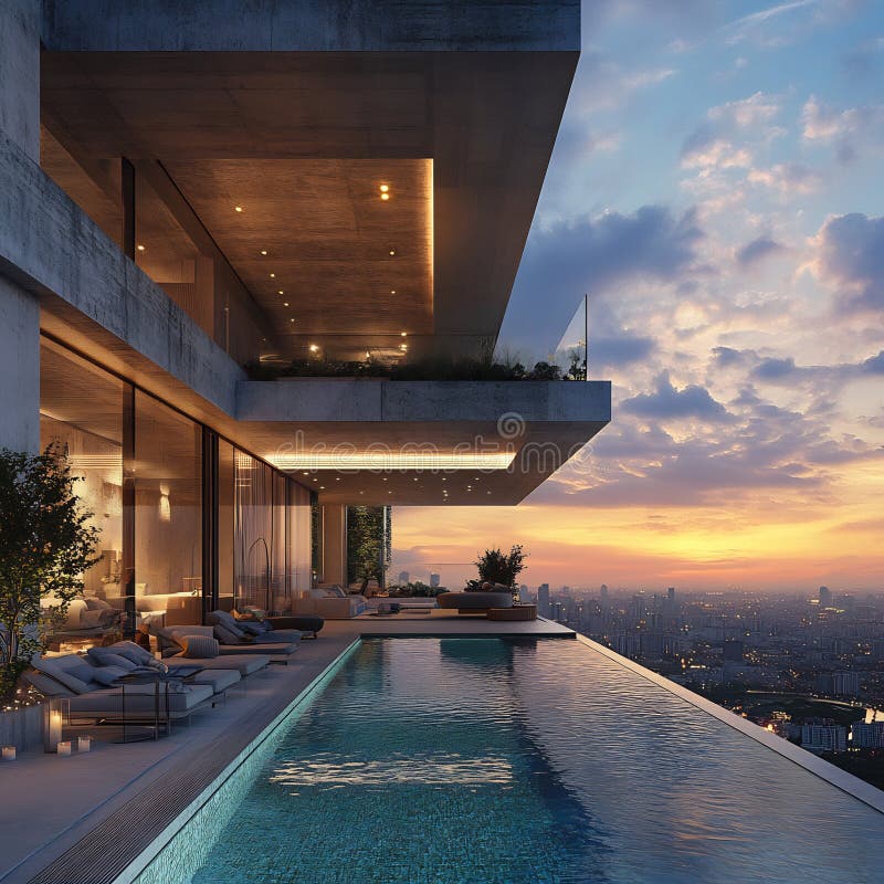 Modern Rooftop Terrace Featuring an Infinity Pool Overlooking a ...