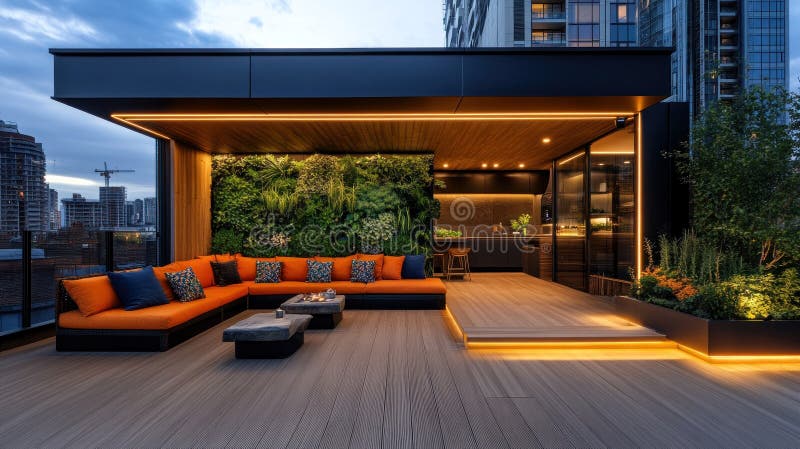 A Modern Rooftop Terrace Featuring Stylish Seating, Greenery, and ...
