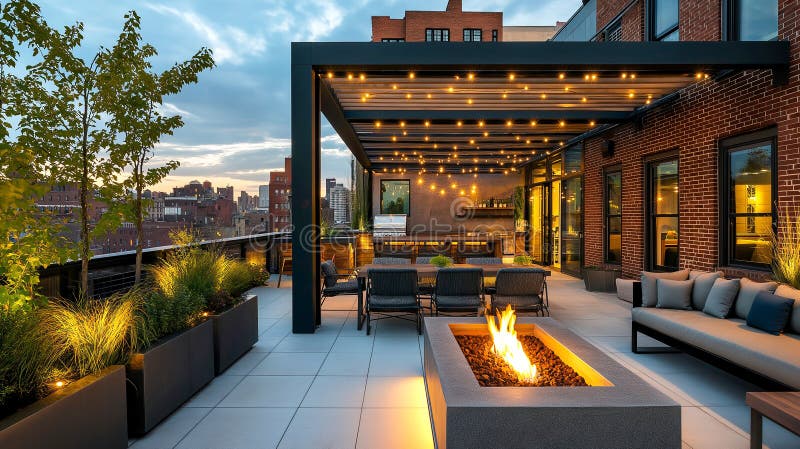Modern Rooftop Terrace with Fire Pit, Cozy Seating, and String Lights ...