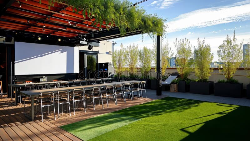 Modern Rooftop Terrace with Projection Screen and Seating Area Stock ...