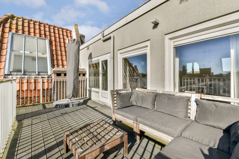 Modern Rooftop Terrace with Seating Stock Image - Image of perspective ...