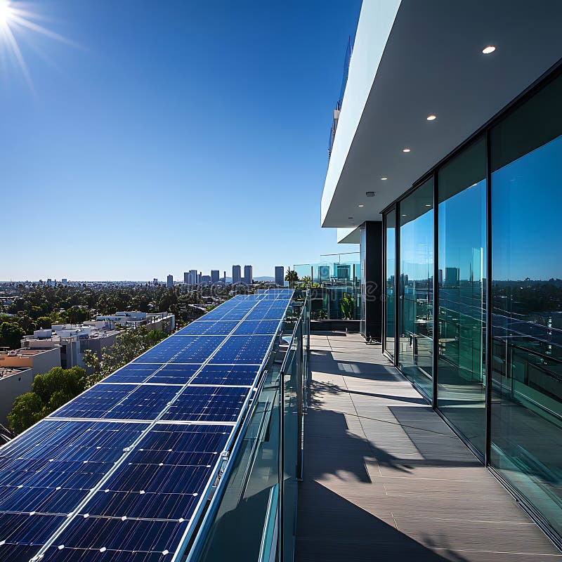 Modern Rooftop Terrace with Solar Panels and City View Stock ...