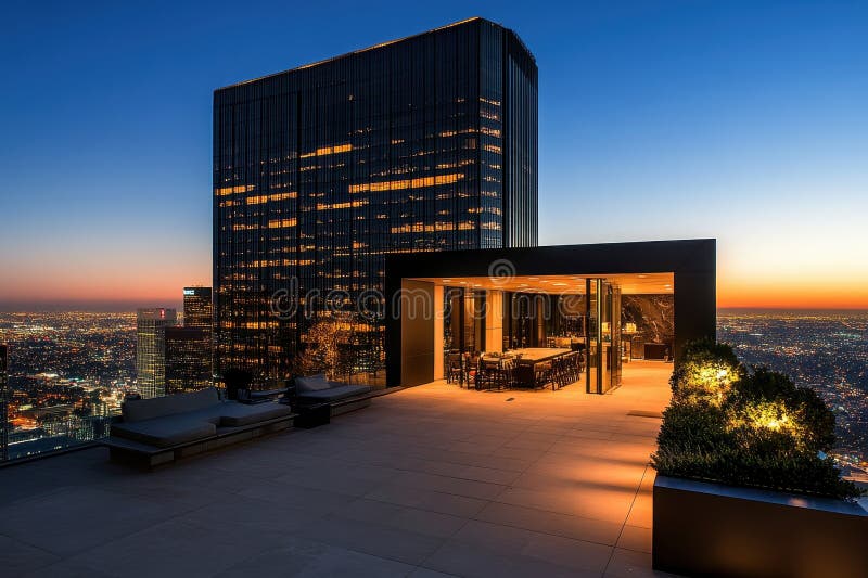 A Modern Rooftop Terrace with a Stunning City View at Sunset Stock ...