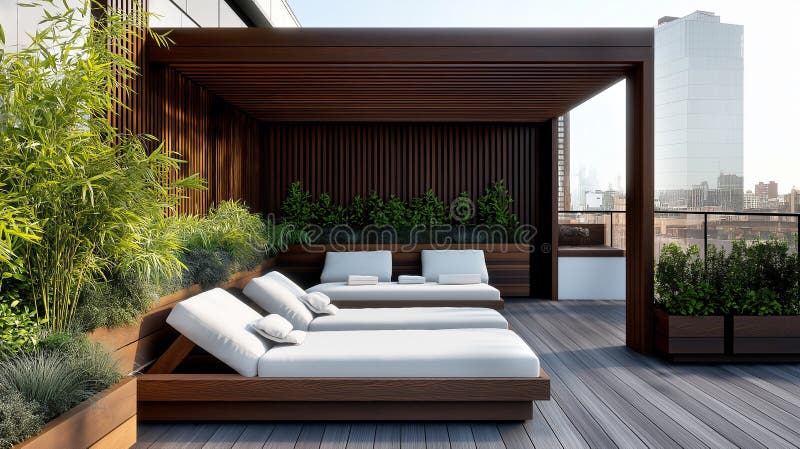 Modern Rooftop Terrace with Wooden Pergola and Lush Greenery in Urban ...