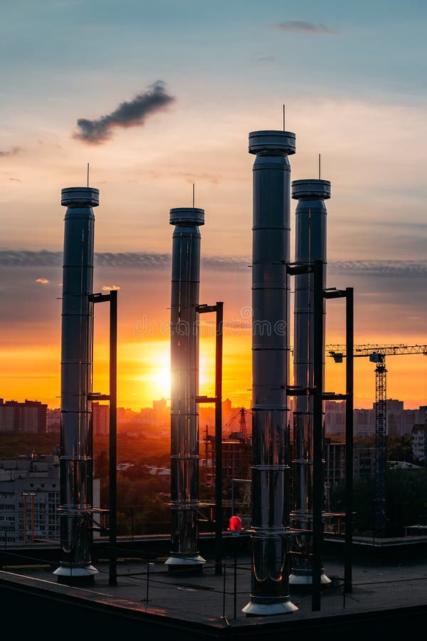 Modern Rooftop with Ventilation Pipes on Evening Sunset Stock Image ...