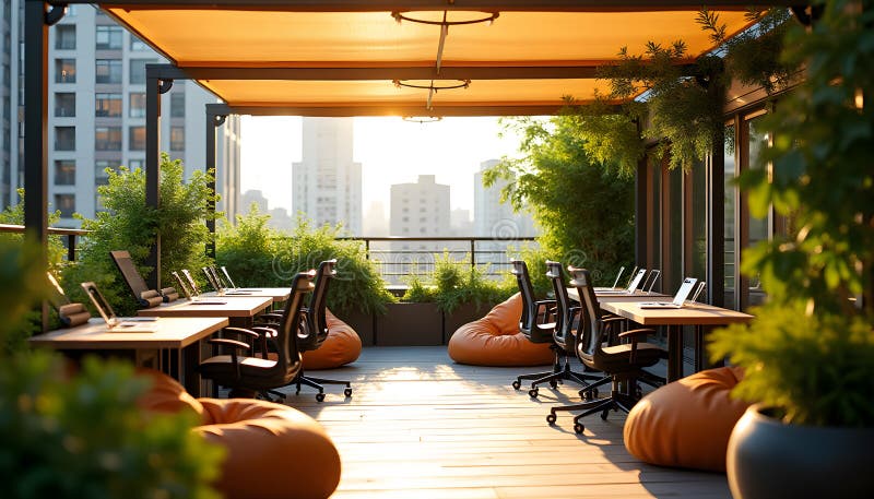 Modern Rooftop Workspace with City View and Greenery Stock Illustration ...