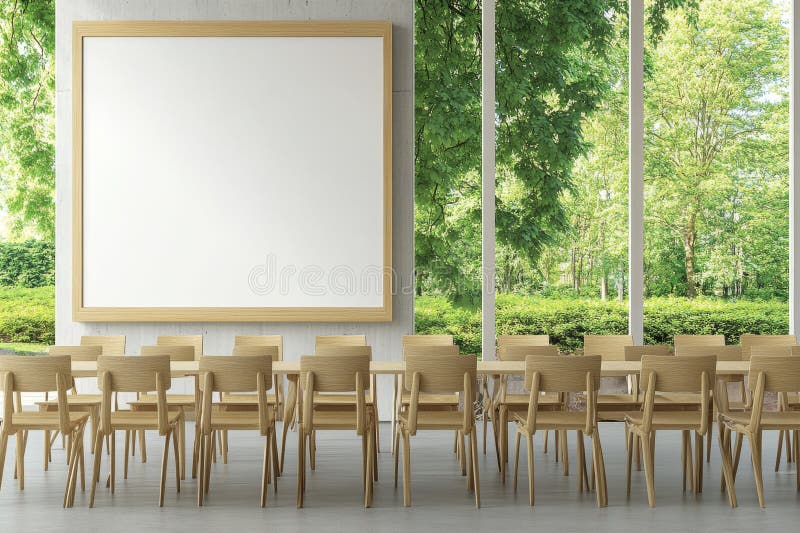 A Modern Room with Ample Space Contains a Large Blank Poster, a Table ...