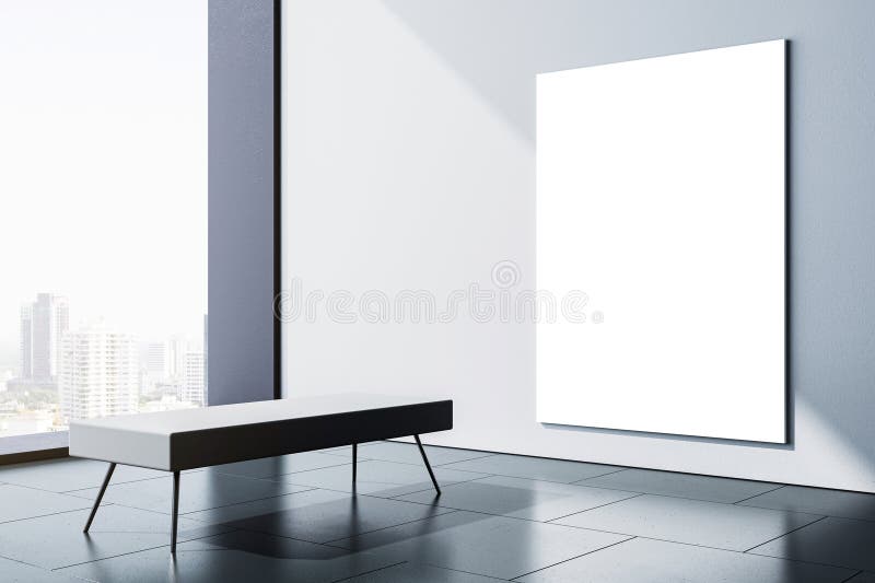 Modern Room with Bench and Blank Canvas for Advertising in Bright ...