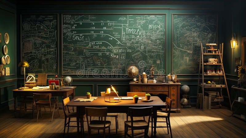 Modern Room with Bookshelf, Chairs and Table with Mathematics Work ...