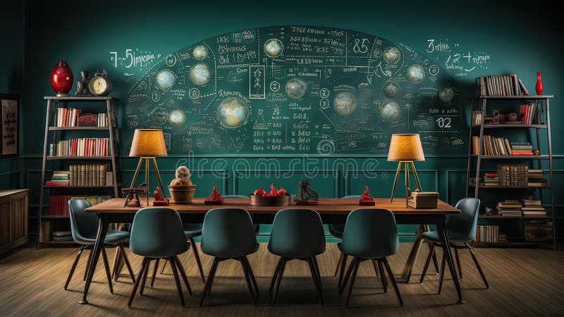 Modern Room with Bookshelf, Chairs and Table with Maths Work Written on ...