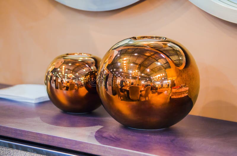 Modern Room Design. Copper Round Decorative Vases Stock Image - Image ...