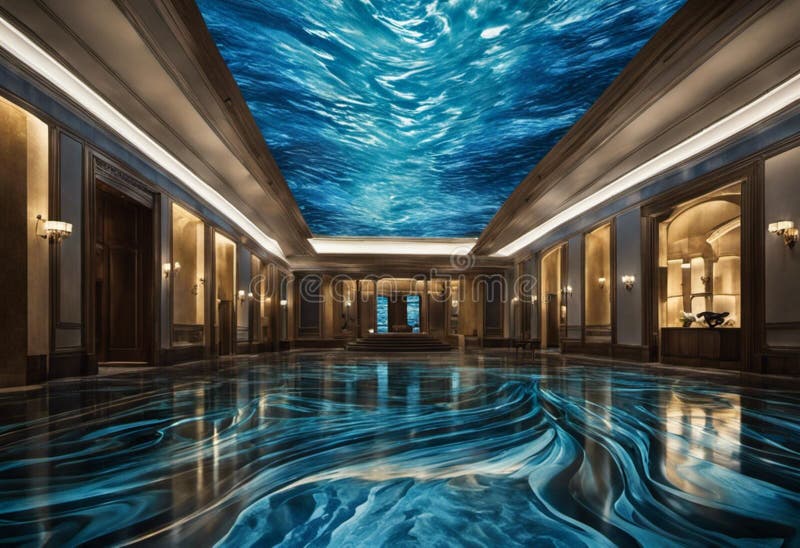 Modern Room Featuring a Blue and White Wave Pattern on the Ceiling and ...