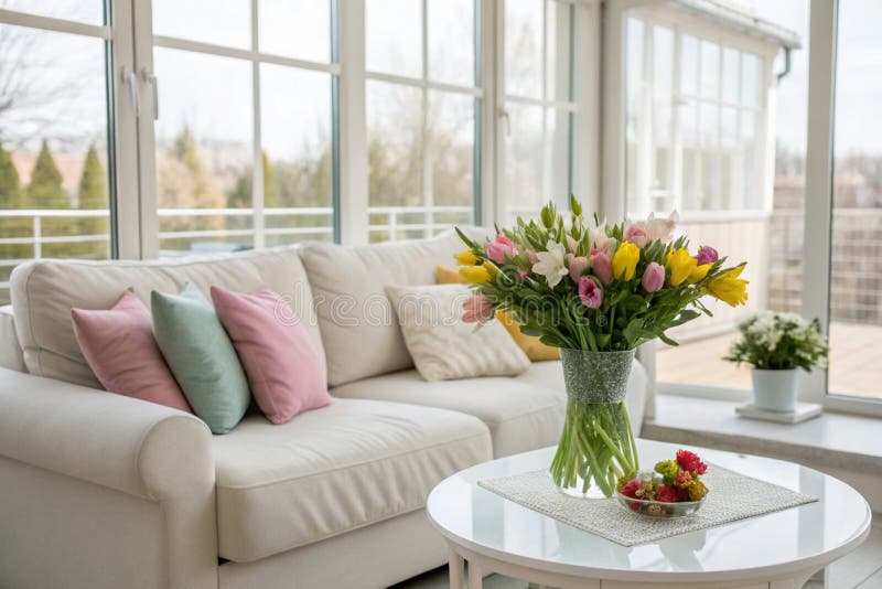 Interior of Modern Room with Comfortable Sofa and Spring Flowers Stock ...