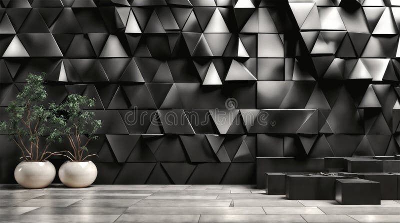 Modern Room with a Geometric Black Wall Stock Image - Image of textured ...