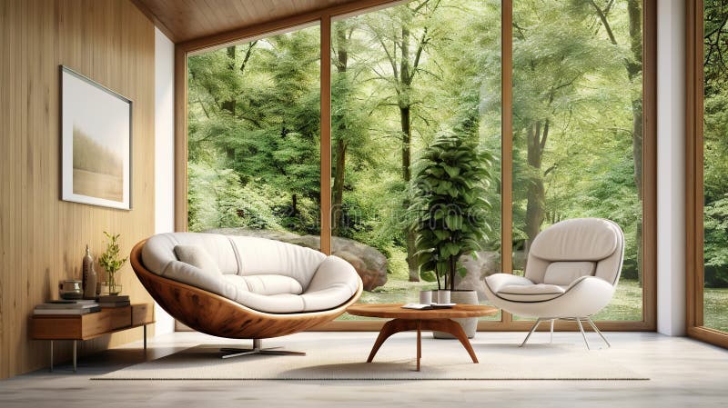 Modern Room in House Surrounded with Forest. Large Windows, Organic ...