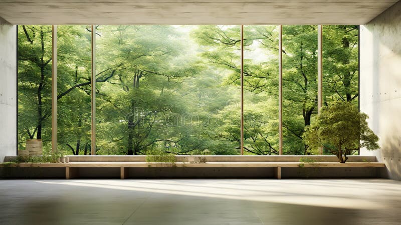 Modern Room in House Surrounded with Forest. Large Windows, Organic ...