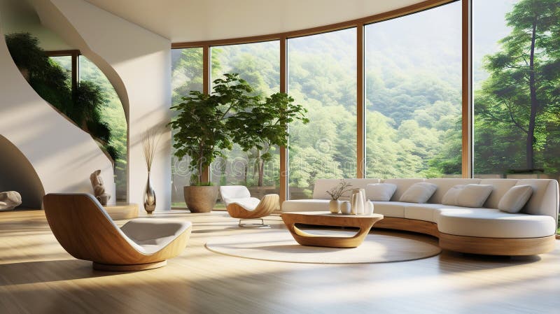Modern Room in House Surrounded with Forest. Large Windows, Organic ...