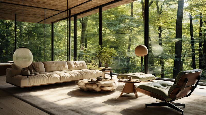 Modern Room in House Surrounded with Forest. Large Windows, Organic ...