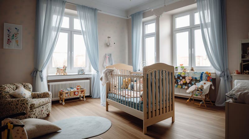 Modern Room Interior with Big Bed and Comfortable Baby Crib, Generative ...
