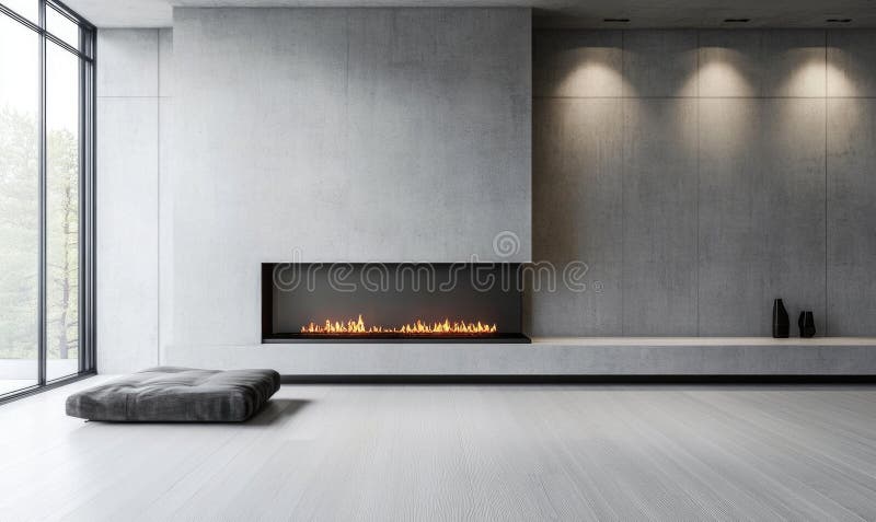 Modern Room, Minimalist Fireplace, Grey Concrete Walls Stock Image ...