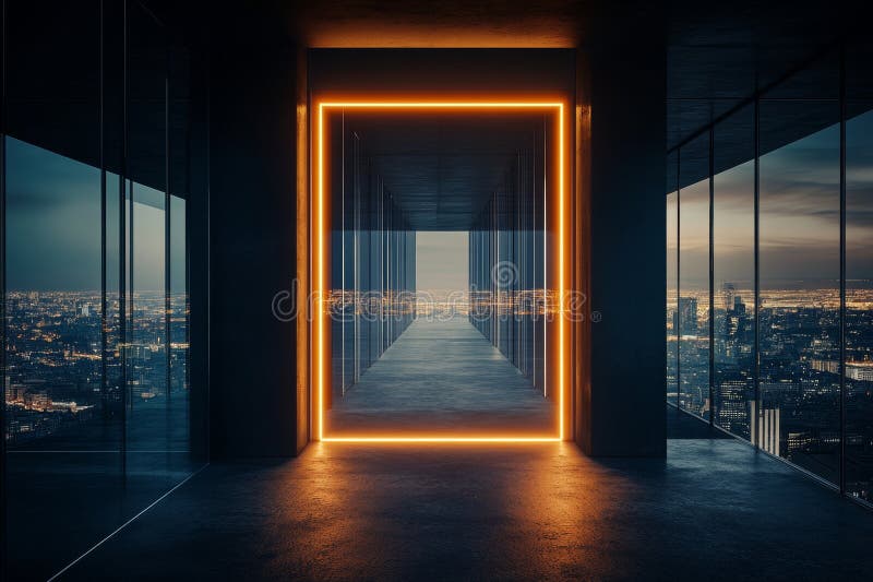 In a Modern Room Overlooking the City, a Concrete Wall is Adorned with ...