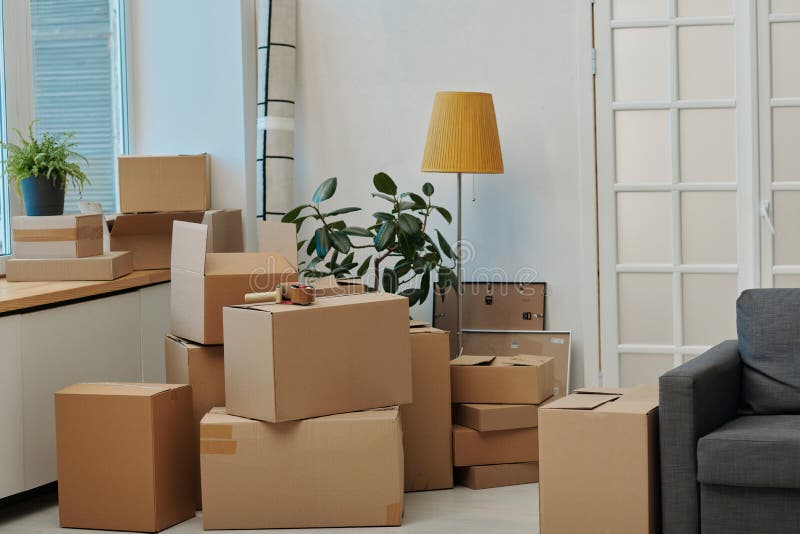 Modern Room with Packed Boxes Stock Image - Image of carton, mortgage ...