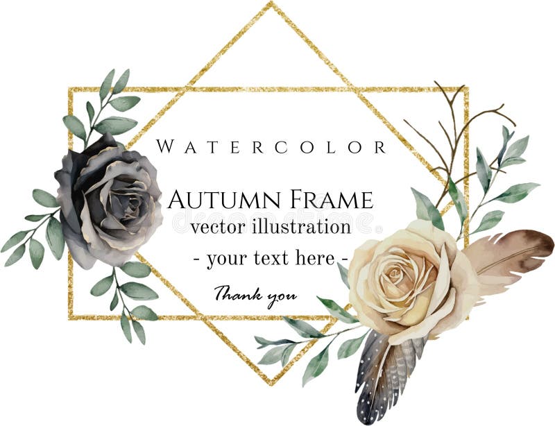 Modern Roses and Feathers Floral Frame and Gold Borders in Rhombus and ...