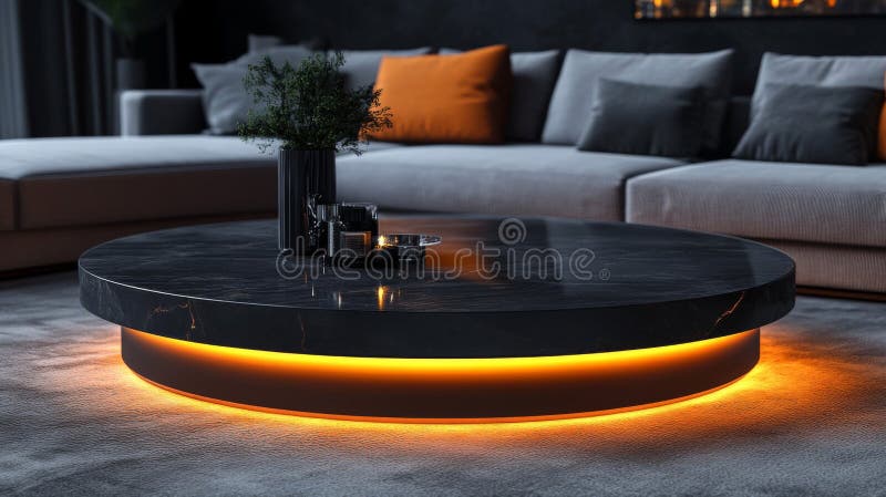 Modern Round Coffee Table with Warm Ambient Lighting in Dark Living ...