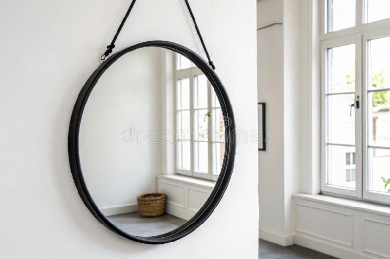 Modern Round Mirror with Sleek Black Frame Hanging in a Bright Room ...