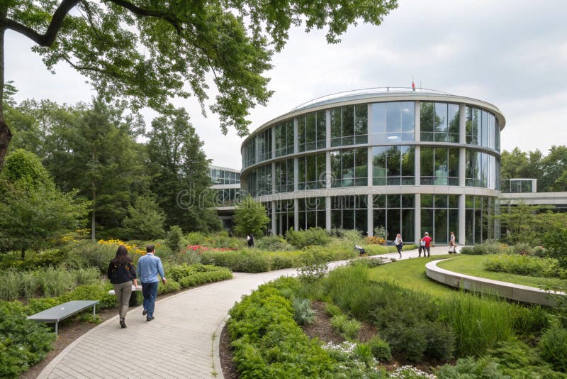 Modern Round Office Building with Garden Stock Illustration ...