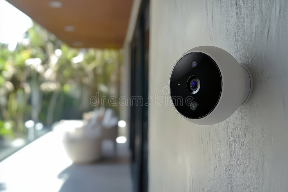 Modern Round Security Camera Installed on Wall in a Bright Outdoor ...