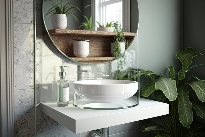 Modern Round White Wash Basin with Floating Glass Shelf and Chrome Taps ...