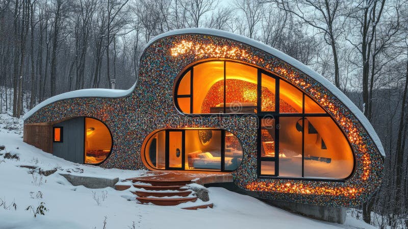 Modern Rounded Pebbles House Covered by Snow in the Middle of Forest ...