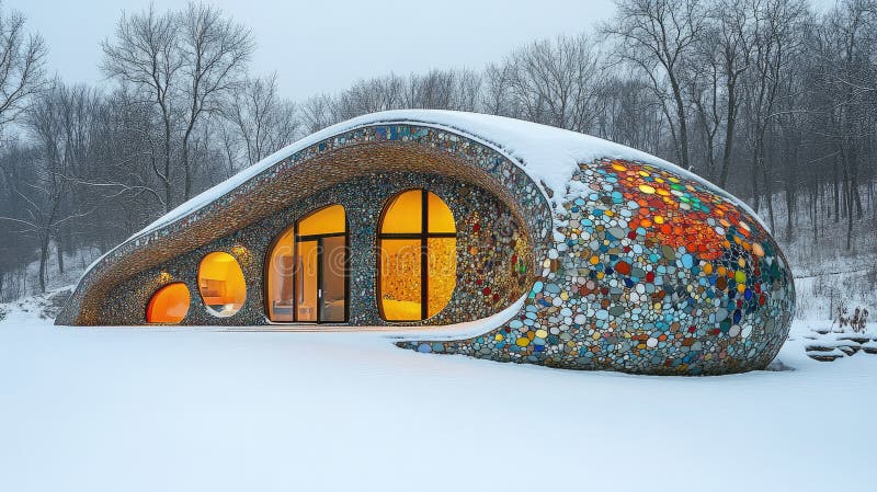 Modern Rounded Pebbles House Covered by Snow in the Middle of Forest ...