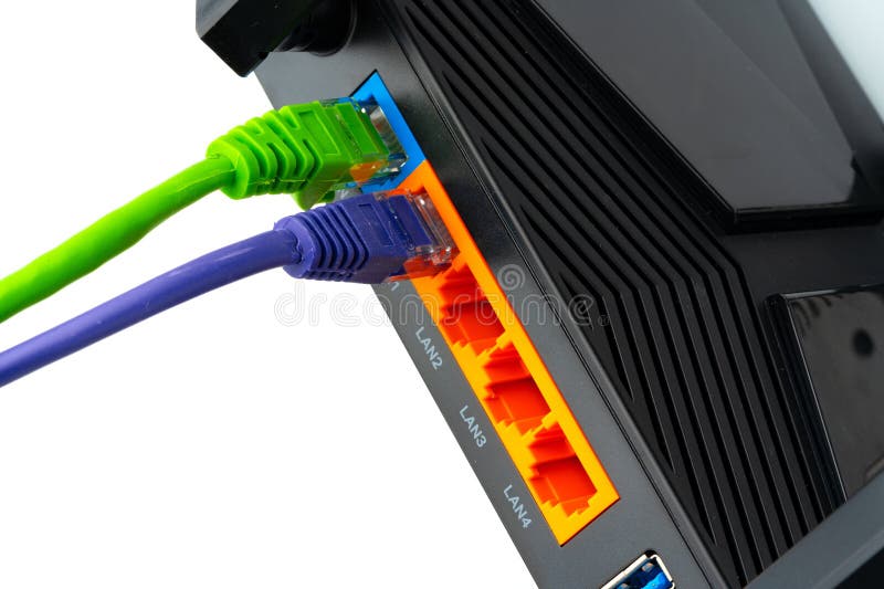 Wi-Fi Router with Cables on Table Stock Photo - Image of digital, port ...