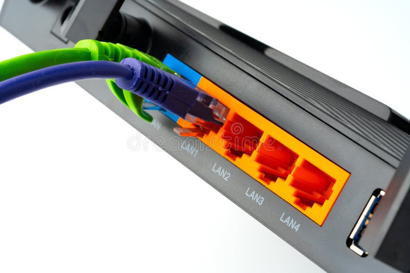 Wi-Fi Router with Cables on Table Stock Photo - Image of digital, port ...