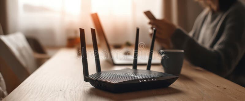 Modern Router and Laptop on Wooden Table, Flat Lay Stock Image - Image ...