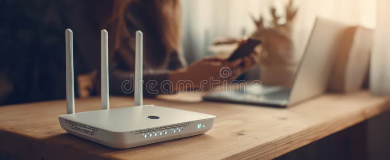 Modern Router and Laptop on Wooden Table, Flat Lay Stock Image - Image ...