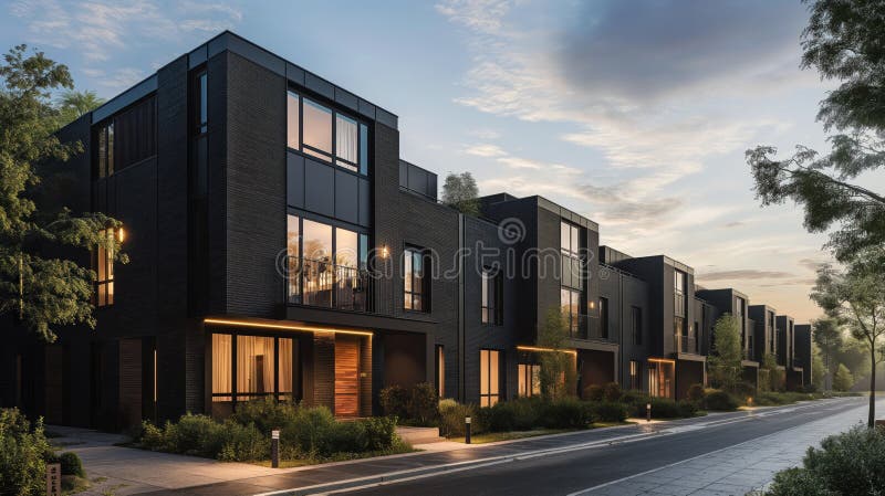 Modern Row of Black Buildings with Large Windows and Balconies. Linear ...